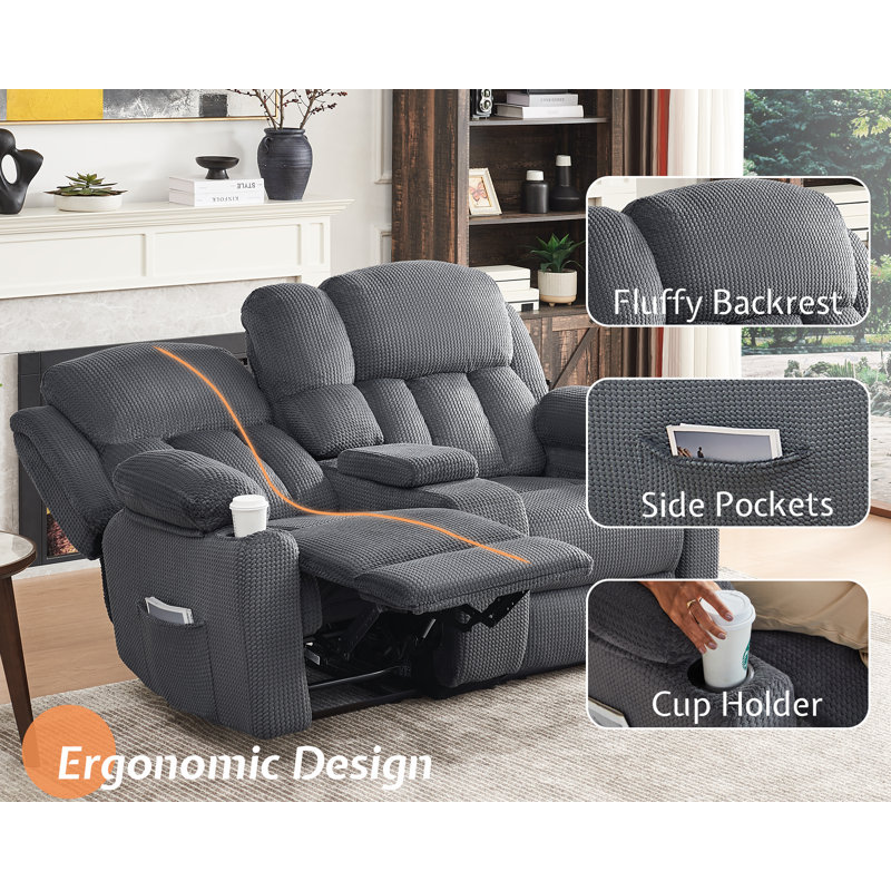 Modern Recliner Sofa Cozy 3 Seater Reclining With Cup Holders Console With Charging Socket Recliner Sofas For Living Room Gray